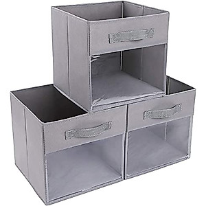 DIMJ Cube Storage Bins, 3 Packs Clear Window Fabric Storage Bin Organizer for Closet Shelves Home Storage Cubes Organizer with Handles