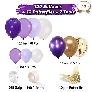 132 Pcs Purple Balloon Garland Kit, Purple Latex Balloons, Purple Balloon Arch Kit Purple And Gold With Gold Butterflies for Wedding Baby Shower Birthday Party Anniversary (Purple White)
