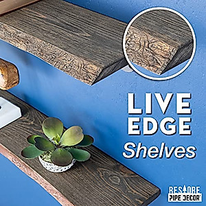 PIPE DECOR 36” Boulder Black Live Edge Wood Shelf with Industrial L-Shaped Pipe Brackets (2-Pack)