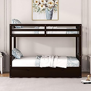 Extendable Bunk Bed with Trundle, Twin Over Double Twin Bunk Bed Frame, Upgraded Version Wooden Bunk Bed with Trundle, Pull-Out Bunk Bed Frame Can Be Extendable, No Spring Box Needed, Espresso