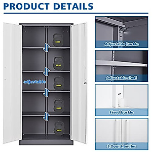 BYNSOE Metal Storage Cabinet Steel Locker Cabinets with Locking Door and 4 Adjustable Shelves, Steel Classic Storage Cabinet for Home, School, Office, Garage (Grey White)