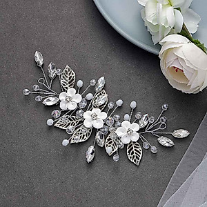 Unicra Silver Flower Bride Wedding Hair Vine Leaf Bridal Hair Piece Rhinestone Hair Accessories Beaded Headpieces Jewelry for Women and Girls (Silver)