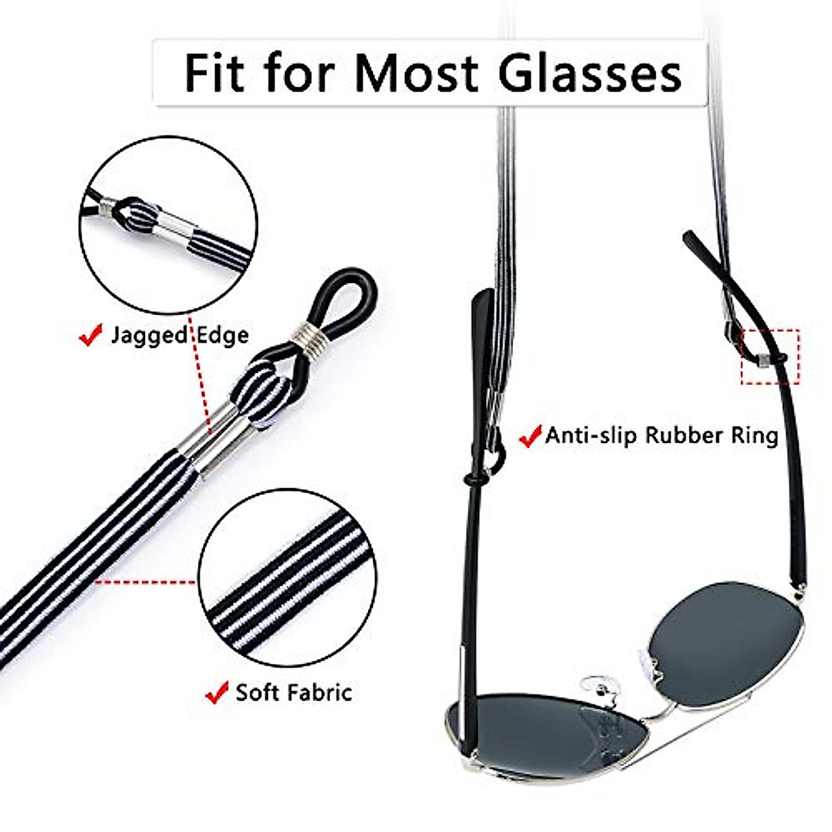 Premium Eyeglasses Strap, Ftojos 4 PCS Eye Glasses String Holder Chains for Men and Women, Adjustable Sunglasses Strap Neck Retainer, Elastic Eyeglass Cord with 8 Lanyard Clips Hooks