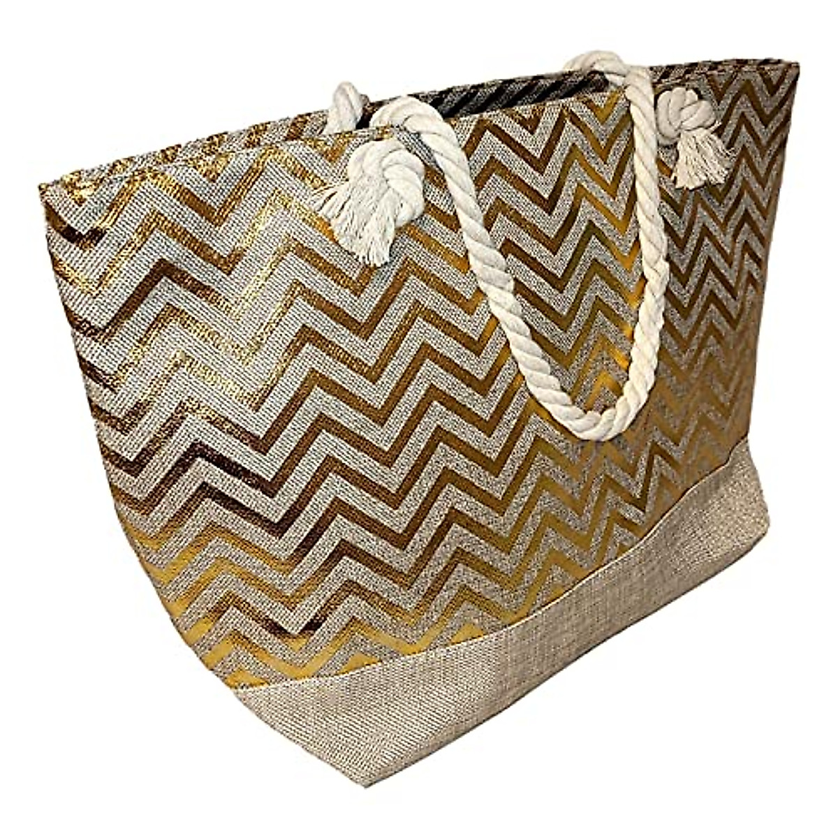 Large Women Metallic Print Tote Beach Bag with Zipper Top - Silver or Gold - Chevron or Stripe Pattern - Can be Personalized with Initial, Monogram or Name (Gold Chevron)
