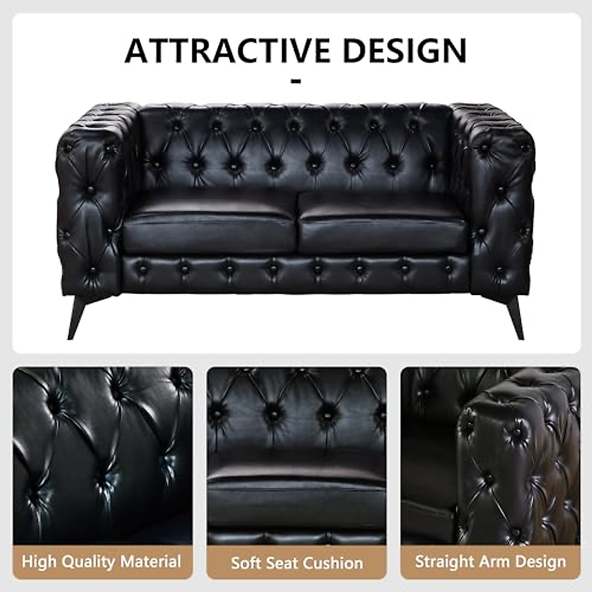 Chesterfield Loveseat, Modern Faux Leather Button Tufted Accent Sofa Couch with Square Arms and Metal Legs for Living Room, Bedroom, Office, Apartment (Black)