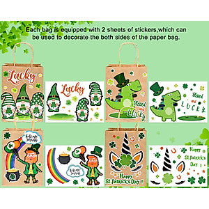 Whaline St Patrick's Day Kraft Paper Gift Bags Party Bag with Handles 24 Sheet DIY Stickers Shamrock Green Unicorn Gnome Goody Bags Irish Birthday Party Supplies Gift Wrap, 6 x 3 x 8.3inch