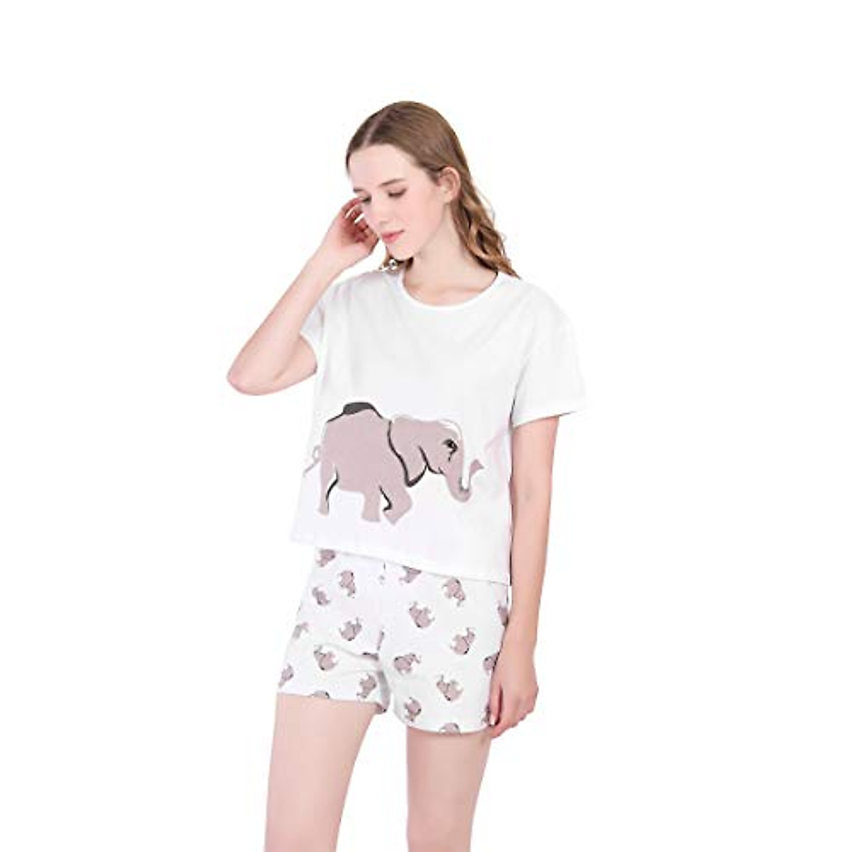 Sets Elephant Pajamas Women Summer Cotton Short Sleeve Tops Shorts PJS Pyjamas Sleepwear Nightwear Teen Girl (White, Medium)