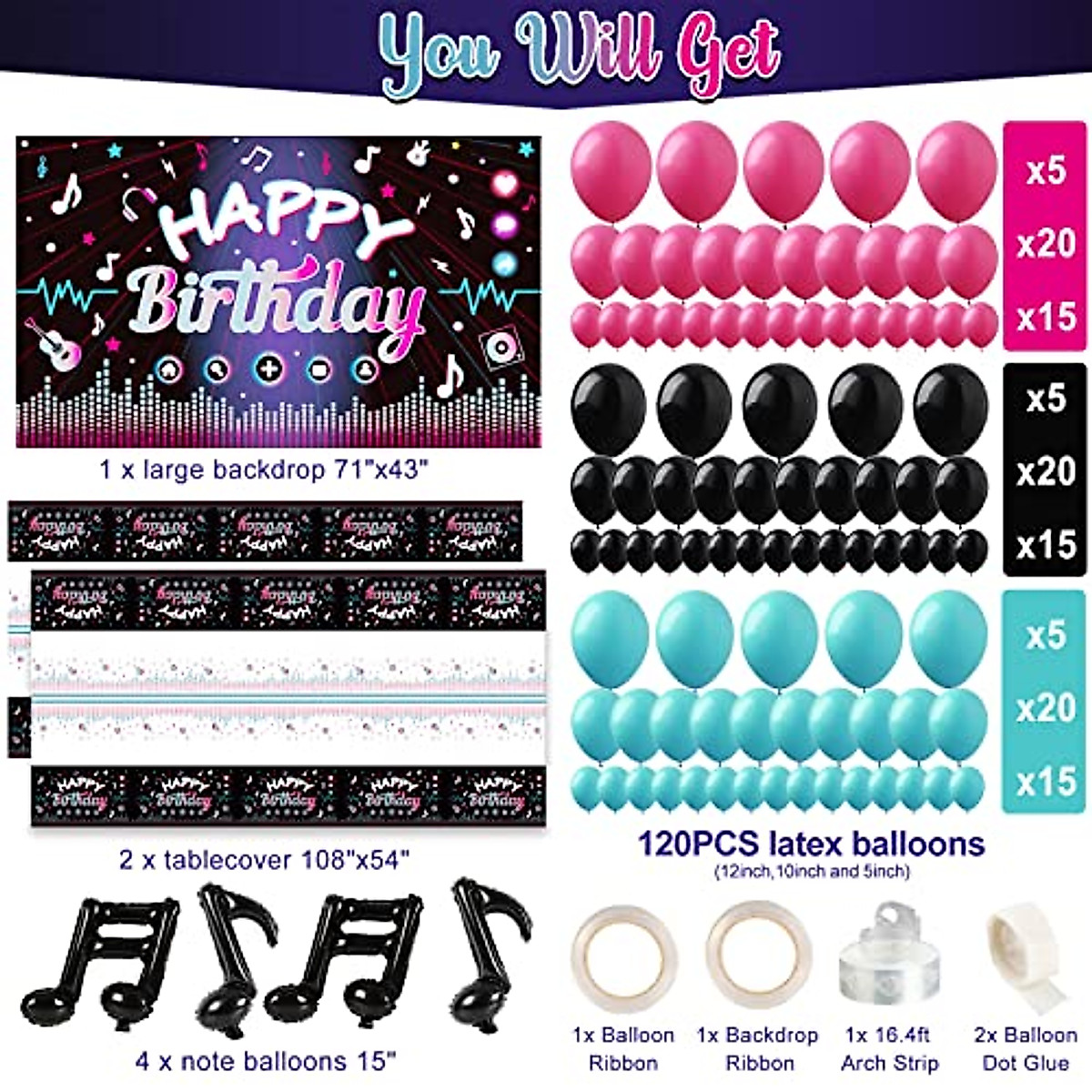 OurWarm 130 Pcs Tik Tok Birthday Party Decorations, Music Happy Birthday Decorations, Tiktok Party Theme Party Supplies Includes Happy Birthday Banner, Balloons Arch, Tablecloth for Birthday Decor