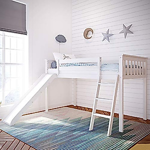 Max & Lily Low Loft Bed, Twin Bed Frame For Kids With Slide, White