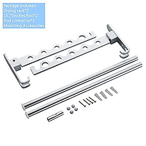 Ubrand Clothes Drying Rack Wall Mount, Folding Garment Drying Rack with Swing Arm Hook Closet Storage Organizer, Space Aluminum Mater, Used for Closet, Balcony, Bathroom (2 Racks and Rod) (Silver)