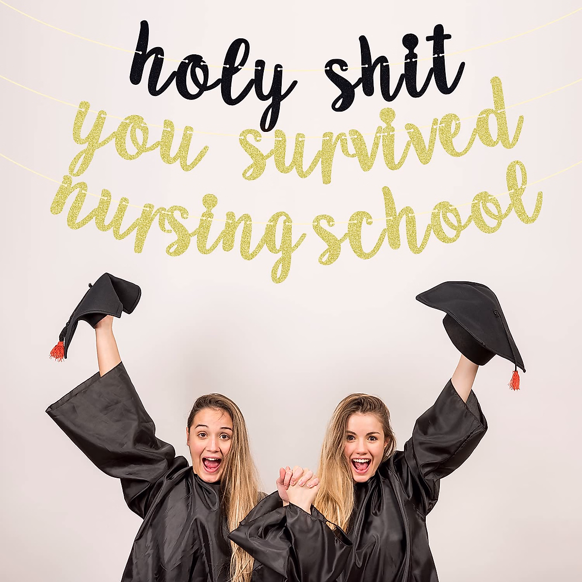 Nursing School Survivor Banner, Future Nurse, Straight Outta Nursing School, Congrats Nurse Graduation Party Decorations Black and Gold Glitter, Congrats Grad 2024