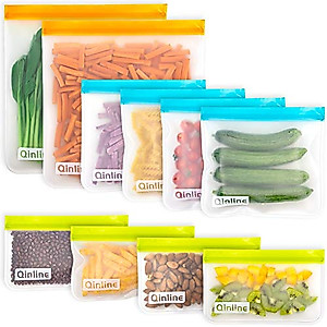 Reusable Food Storage Bags - 10 Pack BPA FREE Flat Freezer Bags(2 Reusable Gallon Bags + 4 Leakproof Reusable Sandwich Bags + 4 Food Grade Kids Snack Bags)