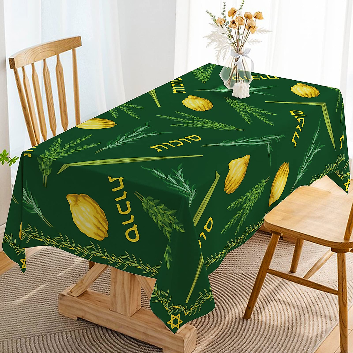 Hafangry Sukkah Sukkot Tablecloth Jewish Holiday Party Decoration Etrog Lulav Hadass Aravah Decor Supply Rectangular Kitchen Dining Room Home Table Cover (60" x 84")