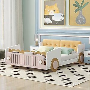 MiHunnor Kids Race Car Bed Fun Play Design, Full Size Car-Shaped Platform Bed with Wheels, Wooden Low Platform Bed with Shelves on The Footboard for Kids Boys Girls Teens, No Box Spring Needed