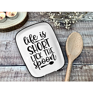 Funny Life Is Short Lick The Spoon Quote Spoon Rest For Stove Top-Large Spoon Holder for Kitchen Counter-Heat Resistant Cooking Kitchen Accessory and Gift for Cooking Enthusiasts