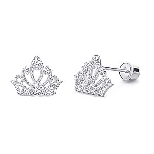 14k White Gold Crown Stud Earrings with Screw Back