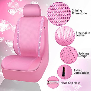CAR PASS Bling Car Seat Covers, Shining Rhinestone Waterproof Faux Leather Pink Car Accessories Two Front Only Universal Fit Auto Glitter Crystal Sparkle Strips for Cute Women Girl, Pink Diamond