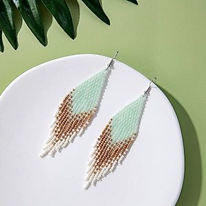 Native Beaded Tassel Earrings Boho - Handmade Seed Bead Statement Fringe Drop Earrings for Women Dangling (Light Green)