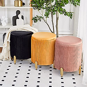 Mxfurhawa Round Ottoman Foot Stool with Storage and Metal Legs for Living Room Bedroom, Velvet Upholstered Footrest Stool Support 300lbs Modern Padded Seat Ottoman Coffee Table (Dusty Rose)