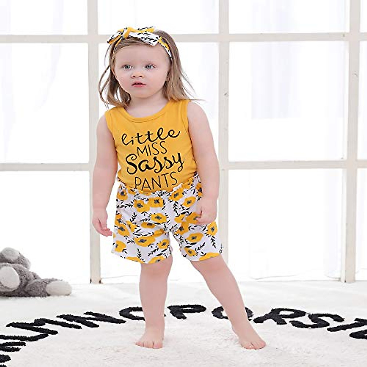 PigMaMa 3 Pcs Infant Baby Girl Sets Sleeveless Tank Tops Flower Pant Headband Outfits Toddler Clothes 18-24 Months