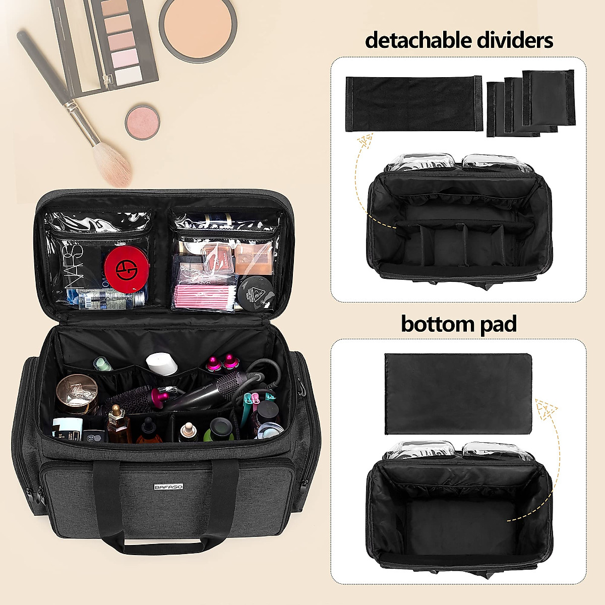 BAFASO Large Makeup Bag Cosmetic Bag with Removable Dividers, Travel Makeup Case Holds Cosmetics and Hair Supplies, Black