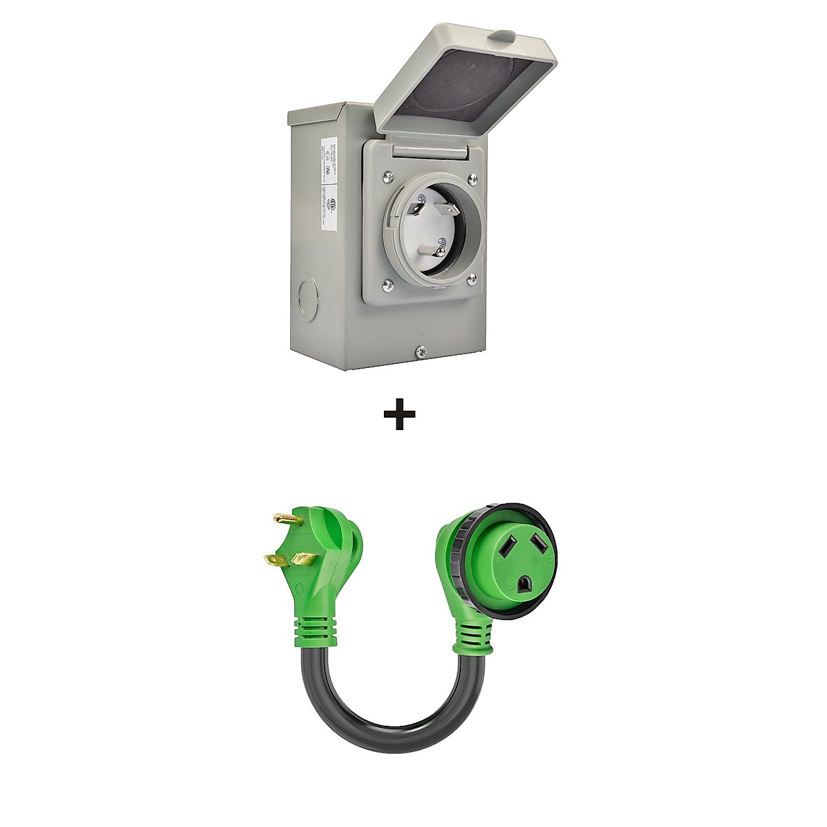 RVMATE 30Amp Generator Power Inlet Box, NEMA TT-30P & 30 Amp RV Adapter Cord, NEMA TT-30R