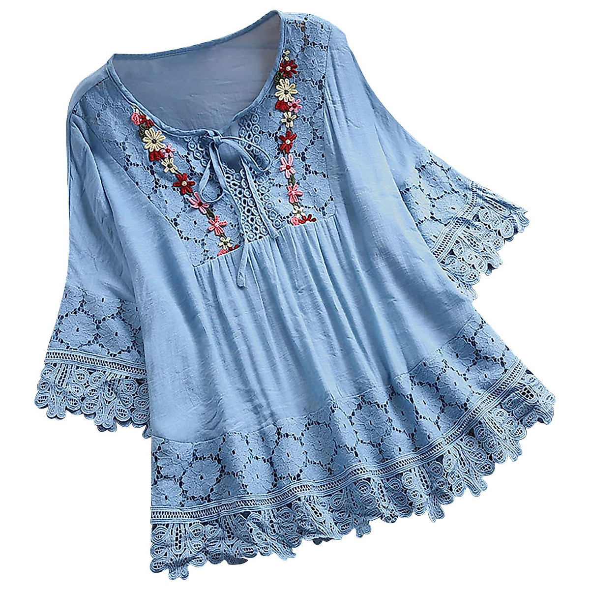 Womens 3/4 Sleeve Shirts Casual Bow V Neck Lace Tops Blouse Fashion Boho Shirts for Women