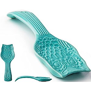 Decorative Owl Spoon Rest for Kitchen Countertop – Modern Farmhouse Spoon Holder for Stove in Lovely Aqua Blue, made with Chip-free Ceramic – Dishwasher Safe Utensil Rest