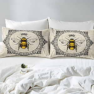 Erosebridal Sweet Honey Bee Bedding Sets Queen Cute Kawaii Animal Comforter Cover Retro Vintage Style Bed Sets 70S 80S Grunge Duvet Cover Old Newspaper Print Quilt Cover Breathable 3pcs