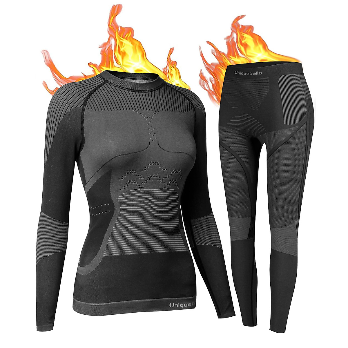 UNIQUEBELLA Womens Thermal Underwear, Thermal Base Layers Women - Ski Wear Ladies Compression Athletic Long Johns Skins Set Black