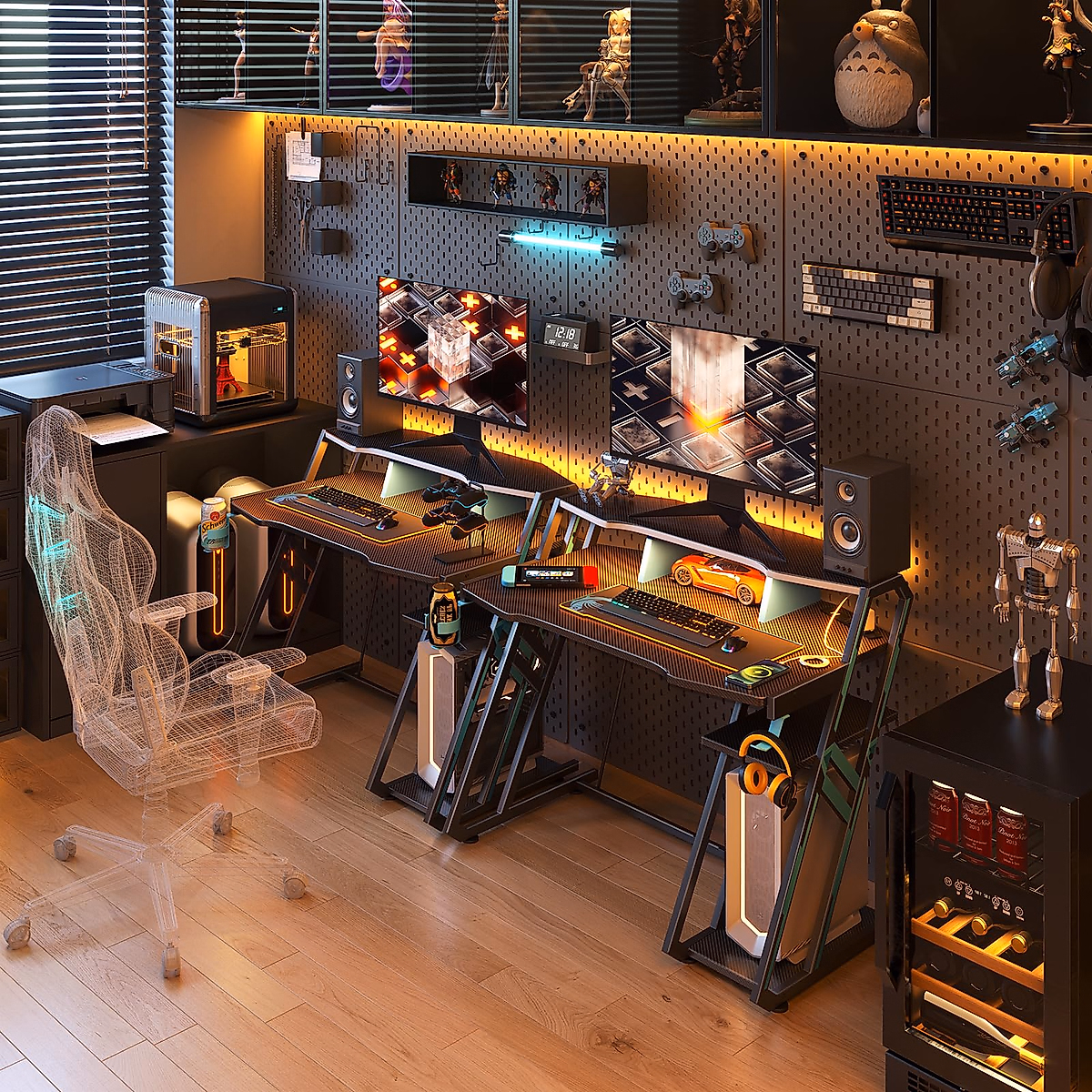 MOTPK Gaming Desk with Power Outlet & LED Lights, Gaming Computer Desk 39inch with PC Storage Shelf, Gaming Table with Carbon Fiber Texture, Gamer Desk, Gift for Boys Men, Black