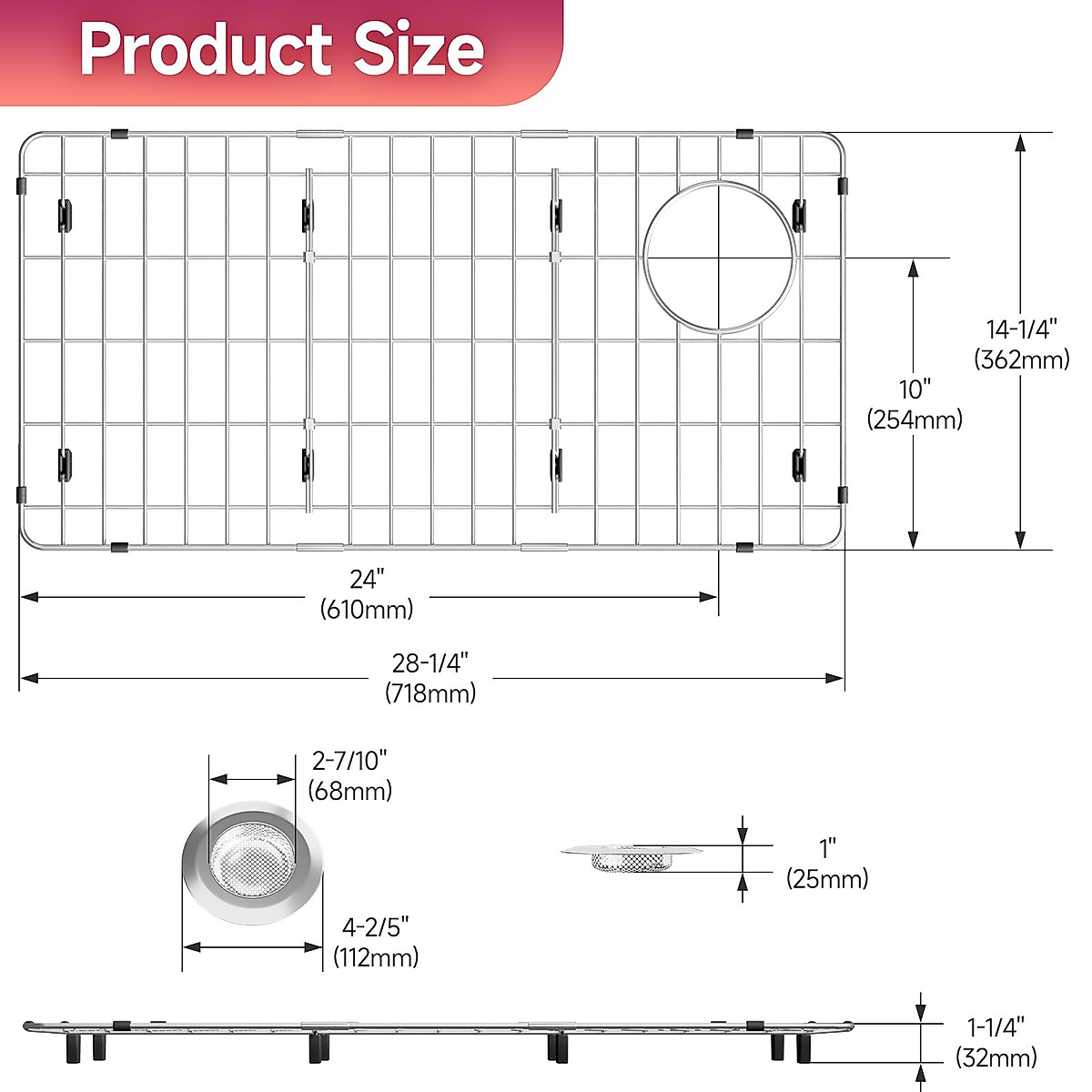 DPZM 28-1/4" x 14-1/4" x 1-1/4" Stainless Steel Sink Rack for Bottom of Sink, Metal Sink Protectors For Kitchen Sink, Sink Grid, Sink Bottom Grid with Side Drain, Kitchen Sink Grid with Sink Strainer
