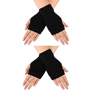 Blulu Fingerless Warm Gloves with Thumb Hole Cozy Half Fingerless Driving Gloves Knit Mittens for Men, Women (Black, 2 Pairs)