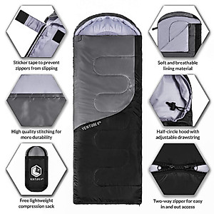 VENTURE 4TH Summer Sleeping Bag, Single, Regular Size - Lightweight, Comfortable, Water Resistant Backpacking Sleeping Bag for Adults & Kids - Ideal for Hiking, Camping & Outdoor - Black/Silver