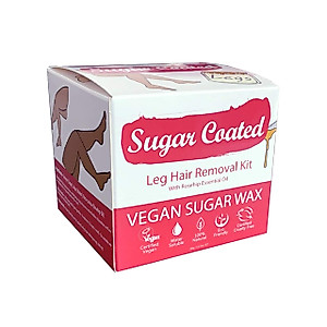 Sugar Coated Hair Removal Wax Kit for Leg Waxing, Sugar Wax for Leg Hair Removal with Wax Strips, Gentle and Non-Damaging Waxing Kit, Contains Essential Rosehip Oil to Moisturise Skin 200g