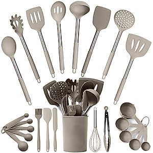 Silicone Kitchen Utensils Set - Culinary Couture 24-Pieces Khaki Silicone Cooking Utensils Set for Nonstick Cookware - Silicone Spatulas Set, Stainless Steel Handle & Other Kitchen accessories