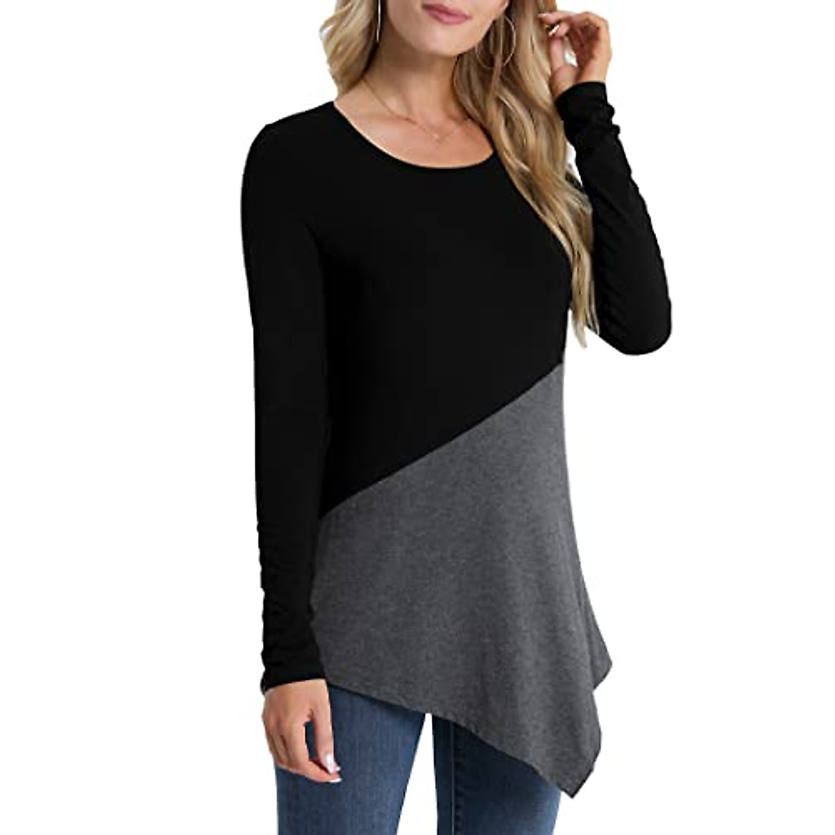 DJT Women's Long Sleeve Tunic Shirts Scoop Neck Hanky Hem Color Block Stretch Casual Fall T Shirt Tops XL Black Heather Grey