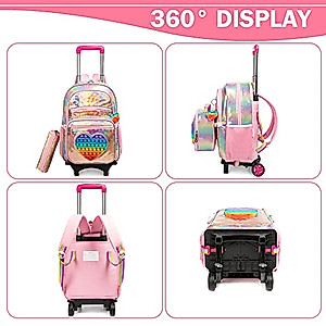 Meetbelify Girls Love Rolling Backpack with Wheels for Elementary Kindergarten Kids Suitcase Set Travel Laptop Luggage for Girls Ages 6-8