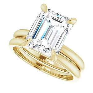 Handmade Solid Yellow Gold Women's Engagement Ring Set, 4 Carats Emerald Cut Solitaire Moissanite Ring Set, Wedding/Bridal Rings for Her, Anniversary/Promise Gifts Ring, 10K 14K 18K