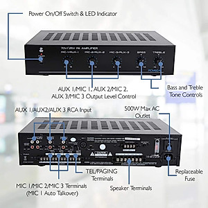 Pyle Compact Mini Home Power Amplifier - 100W Smart Indoor Audio Stereo Receiver w/ RCA, 3 Microphone IN, AUX, 25/70V Outputs, LED, Input Selector, For PA, Amplified Speaker Sound System PCM60A Black