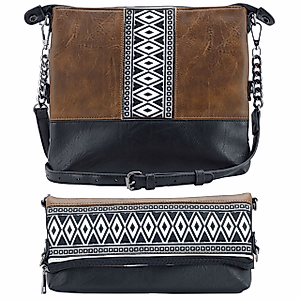 K&Bo Juniper Women’s Chain Crossbody Handbag Purse Brown, Boho Embroidered Medium, Converts to Clutch Bag, Lightweight