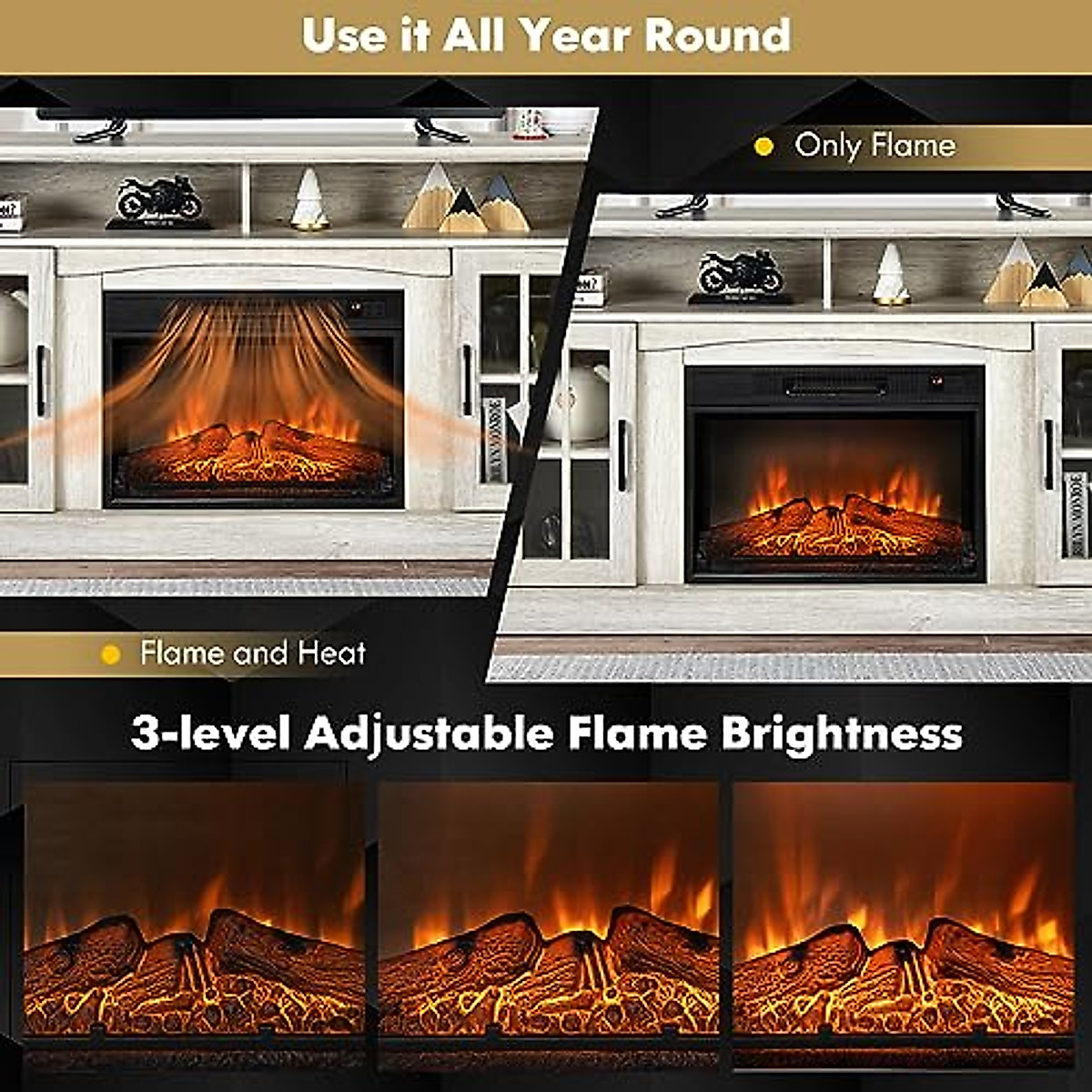 COSTWAY Electric Fireplace TV Stand for TVs Up to 65 Inches, 1400W Heater Insert with Remote Control, 6H Timer, 3-Level Flame, Overheat Protection and CSA Certification, Adjustable Shelves, Grey