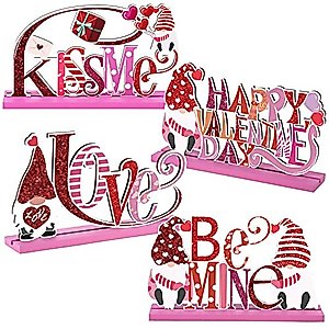 Happy Valentine's Day Decorations, 4 Pcs Wooden Gnomes Kiss Me Signs, Be Mine Tabletop Centerpiece Signs with Pink Hearts for Valentine's Day Gifts Mantle Shelf Table Home Decors
