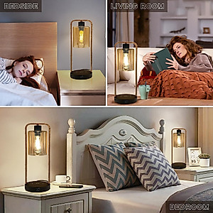 Wireless Charging Touch Lamps for Nightstand Set of 2 - Industrial Table Lamps for Bedrooms 3-Way Dimmable Bedside Lamps with USB, Wood Grain Desk Lamps with Amber Glass Shade for Home, Bulbs Included