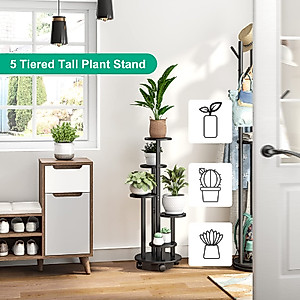 Black Plant Stand with Wheels, 5 Tiered Bamboo Tall Plant Stands for Indoor Plants Multiple, Corner Plant Stand for Window Garden Balcony Living Room Outdoor