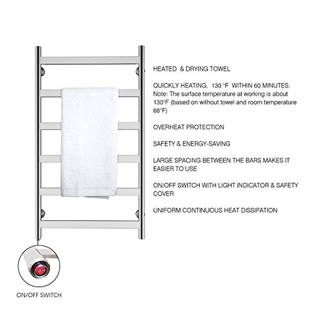 HEATGENE Towel Warmer 6 Flat Bar Towel Dryer Wall-Mounted Plug-in Bath Towel Heater - Brushed