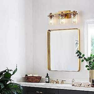 yenlacy 3 Light Bathroom Vanity Light Fixtures, Modern Gold Vanity Lights Over Mirror, Vintage Wall Sconce with Clear Glass Shade, Brushed Gold Vanity Lights for Bathroom