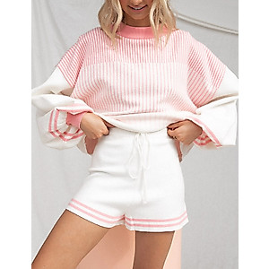 VDWIP Women's Casual Striped 2 Piece Knitted Outfits Crewneck Wide Leg Pullover Knit Shorts Sweater Set (White-M)