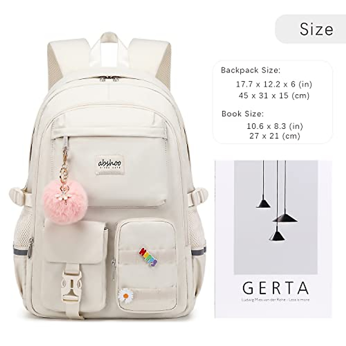 abshoo Big Student Laptop Backpack For College Women Middle High School Teen Girls Bookbag Travel Daypack (Beige)