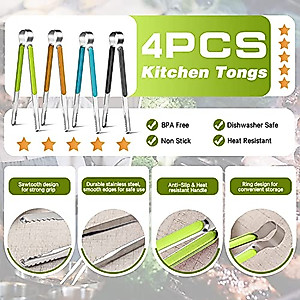 4Pcs Stainless Steel Kitchen Tongs, Serving Tongs for Cooking, 10" Metal Food Tongs with Non-Slip Comfort Grip, Non-Stick Cooking Tongs High Heat Resistant BBQ Tongs Grill Tongs for Barbecue Grilling